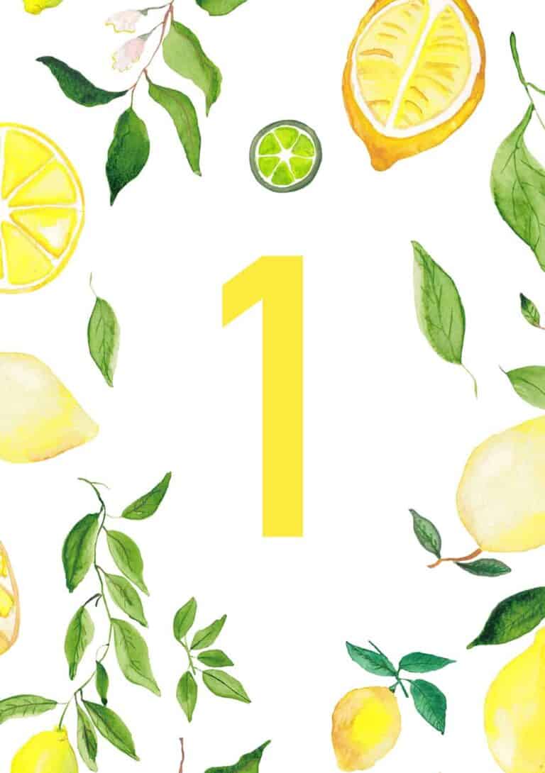 FREE PRINTABLE WEDDING TABLE NUMBERS LEMON THEMED SPRING GREENERY ...